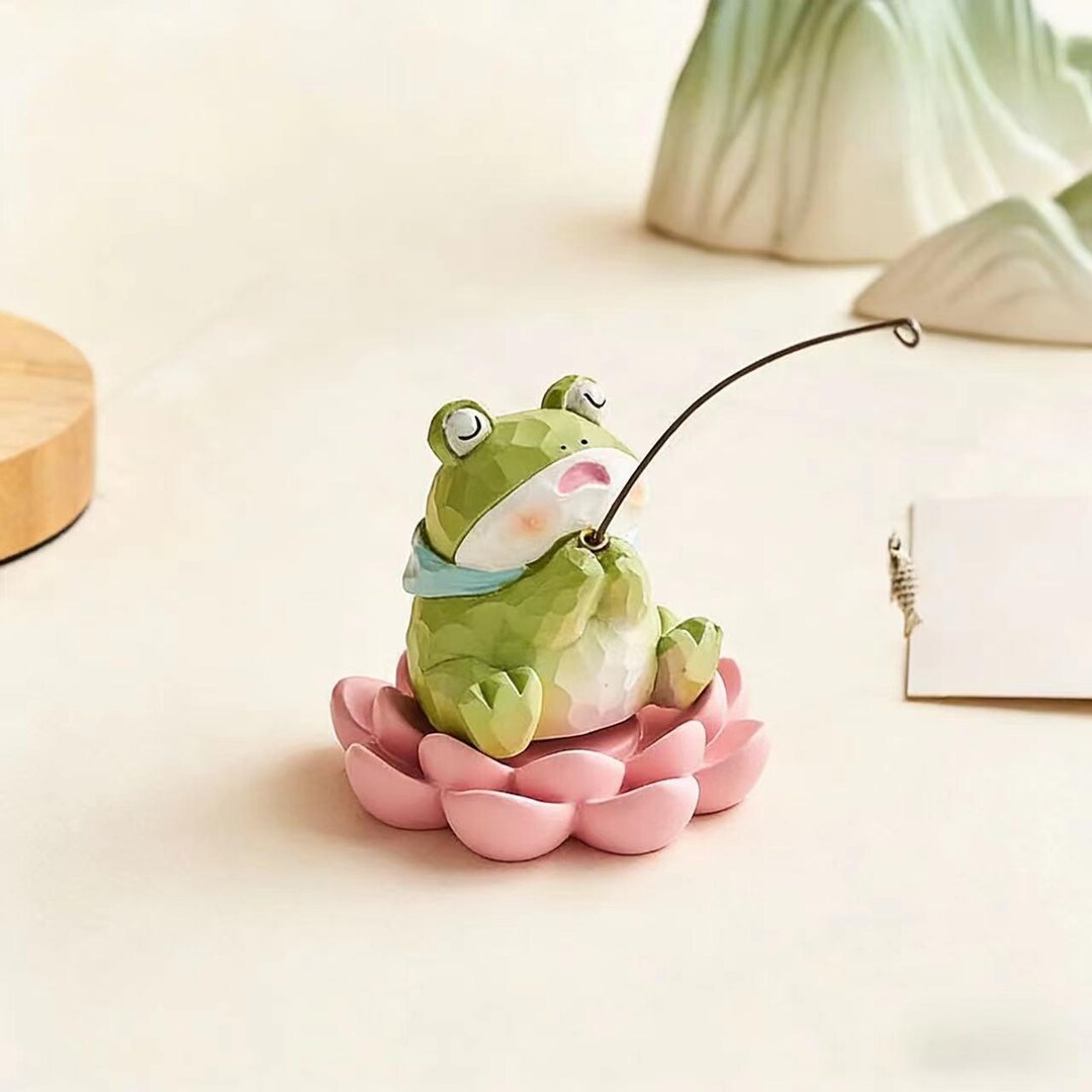 Green Frog Fishing With a Fishing Rod Figurine Toy, Mini Desk Buddy ...