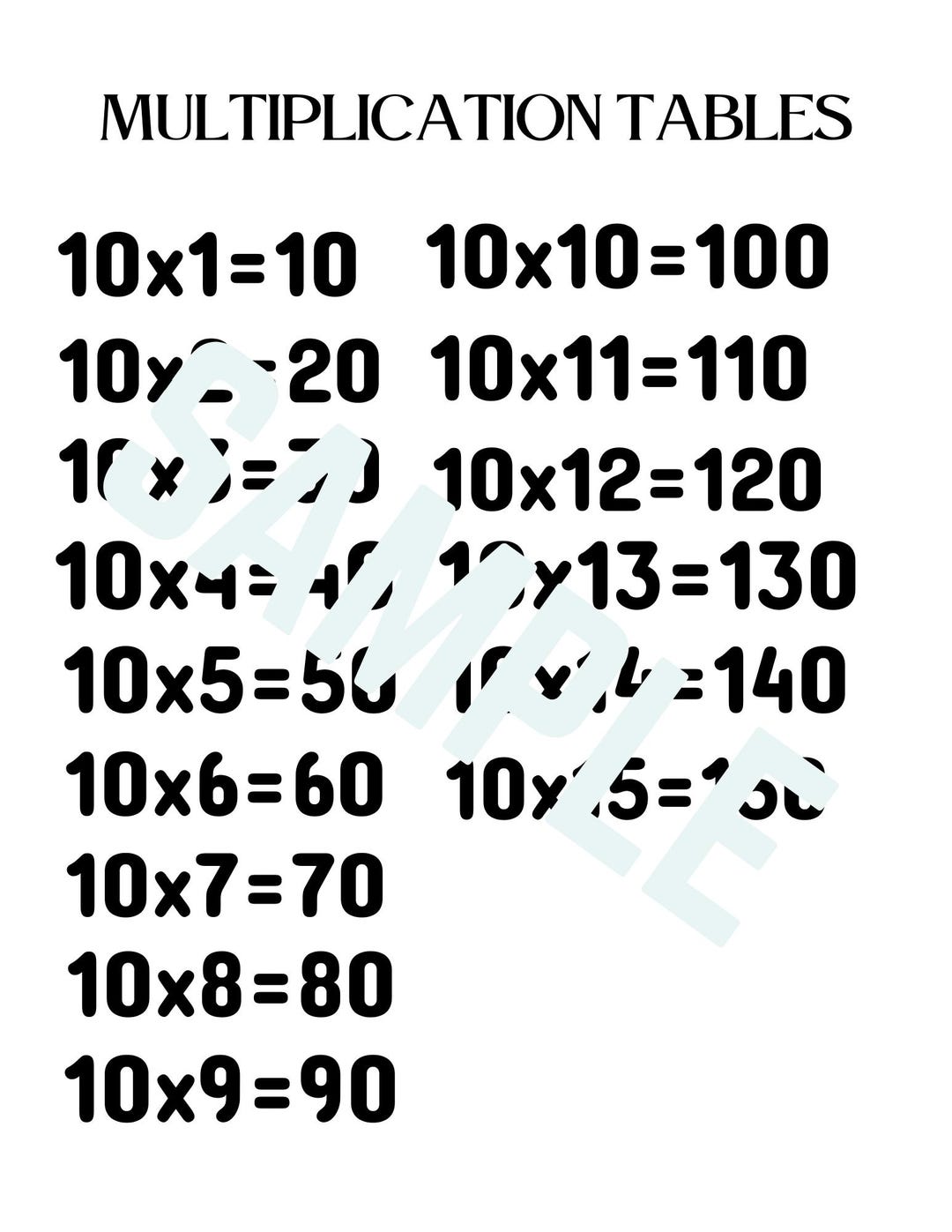 Multiplacation Tables the Ten's PDF - Etsy