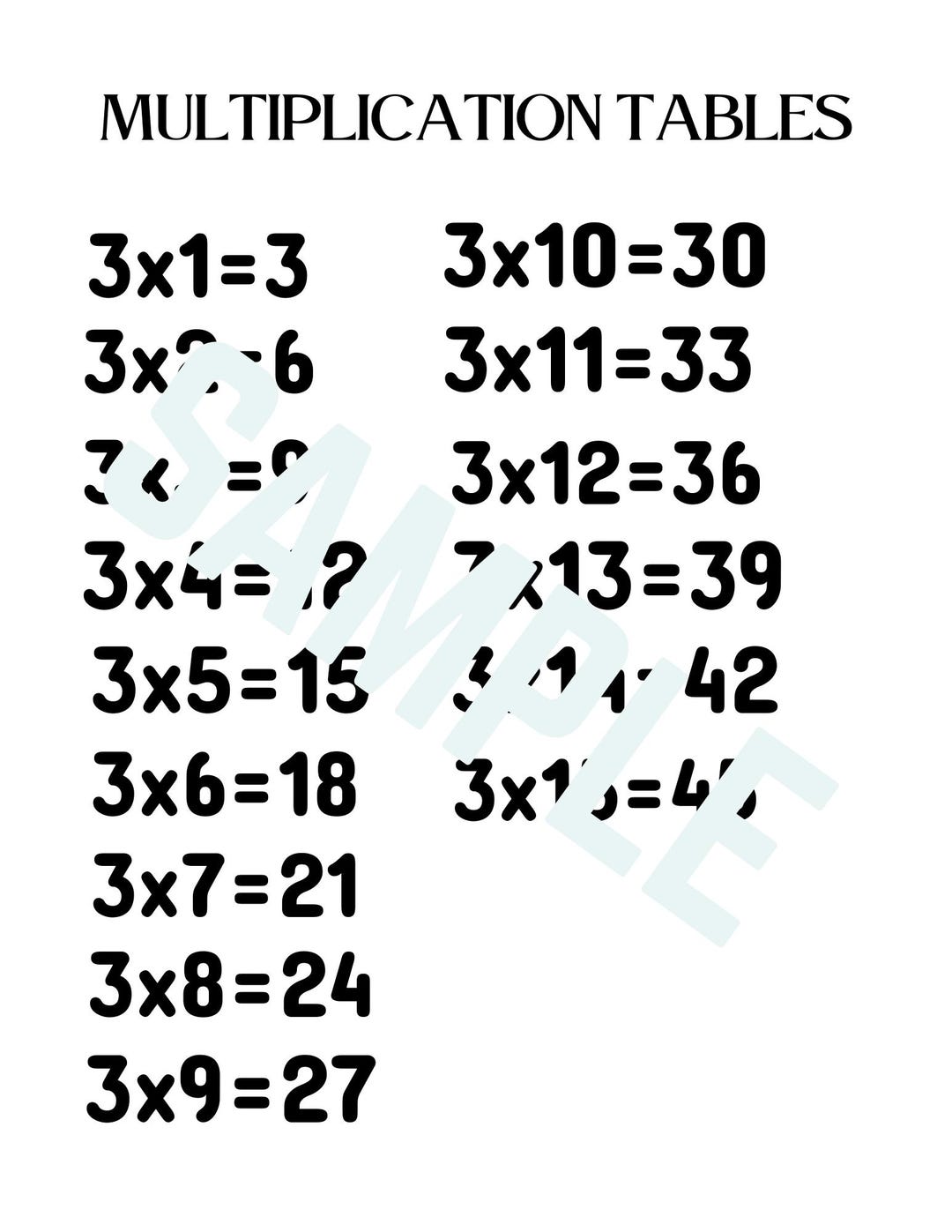 Multiplacation Tables Single Chart PDF (the Three's) - Etsy