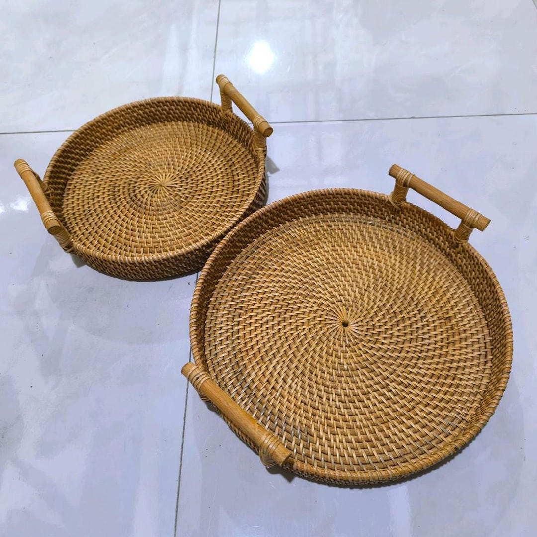 Round Rattan Serving Tray With Handles - Handwoven Wicker Breakfast ...