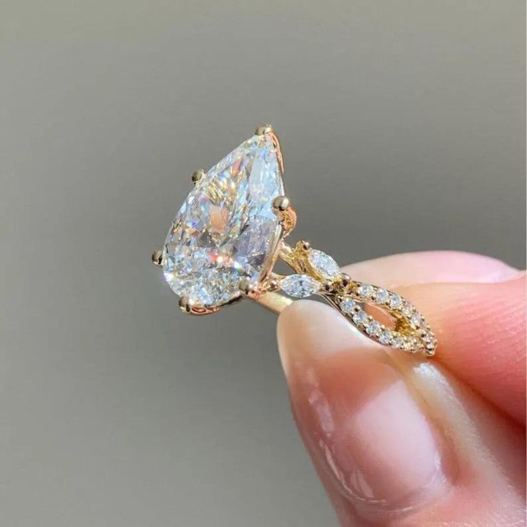 3CT Pear Cut Lab-grown Engagement Ring 14k Solid Yellow Gold Wedding ...