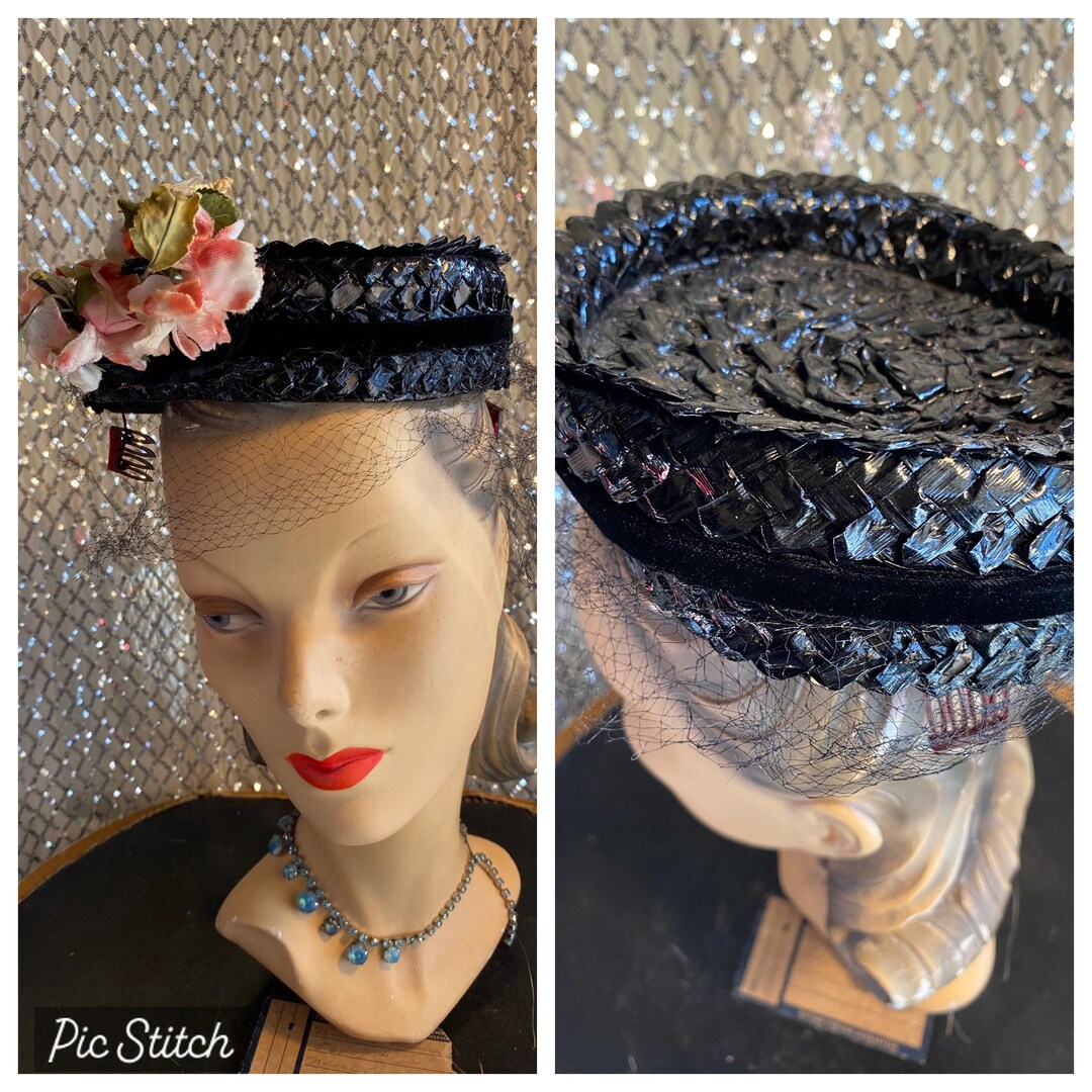 50s Black Woven Shiny Raffia Designer Hat Jean Arlette Creations - Etsy