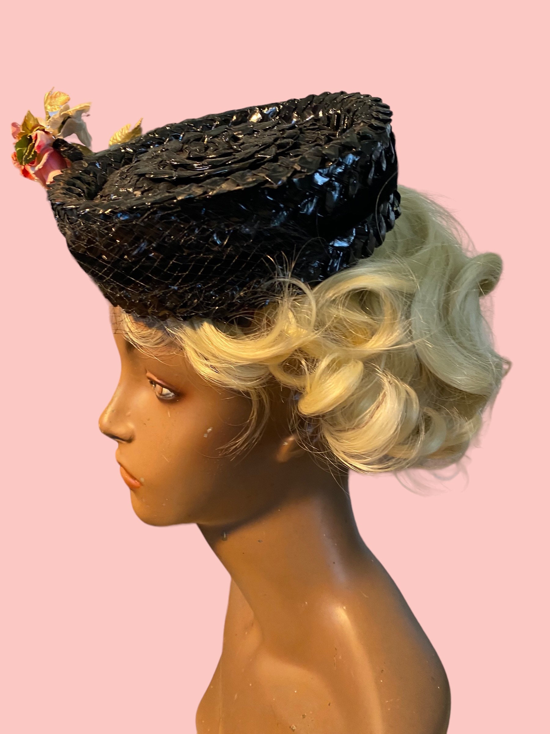 50s Black Woven Shiny Raffia Designer Hat Jean Arlette Creations - Etsy