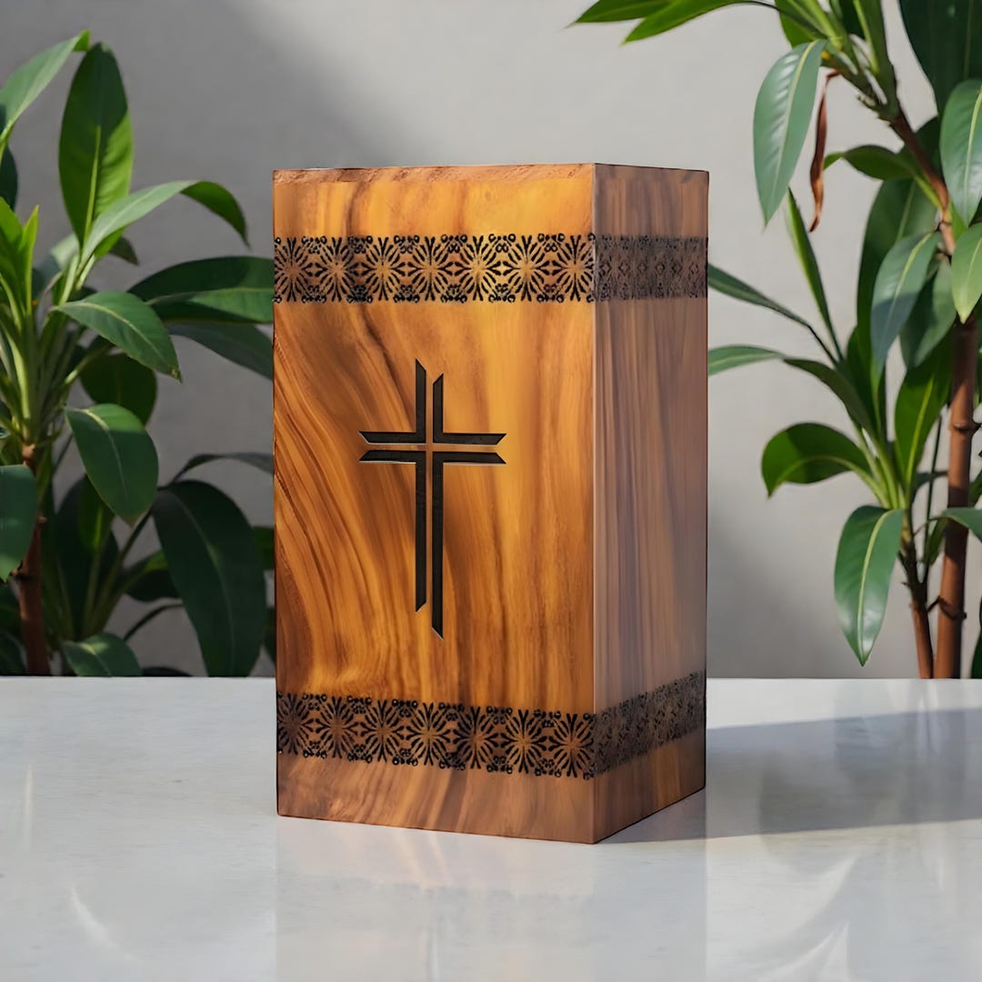 Handcrafted Rosewood Engraved Cross Cremation Urn | Christian Memorial ...