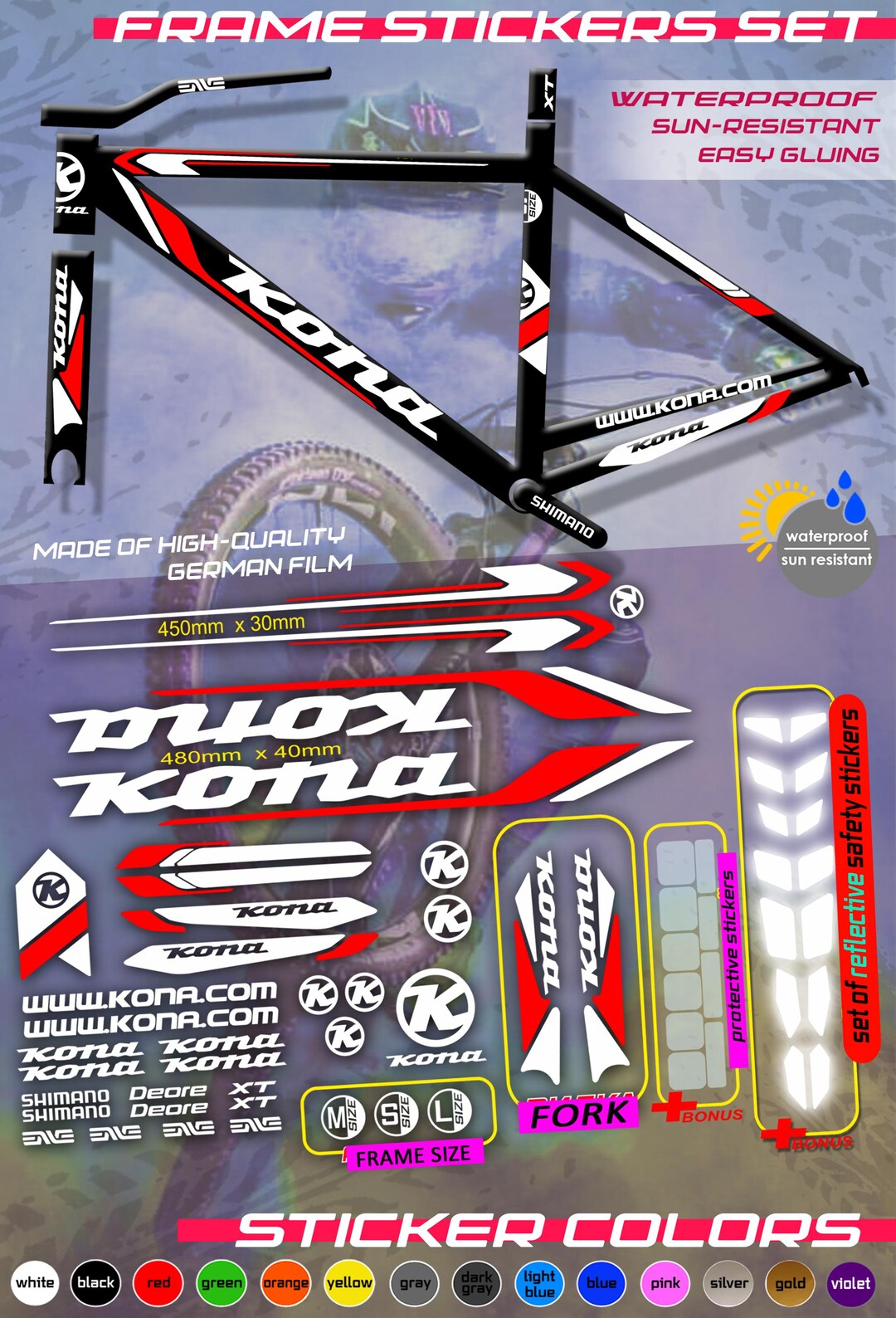 KONA Full Set of Bicycle Stickers. ALL COLORS, High Quality. Washable ...