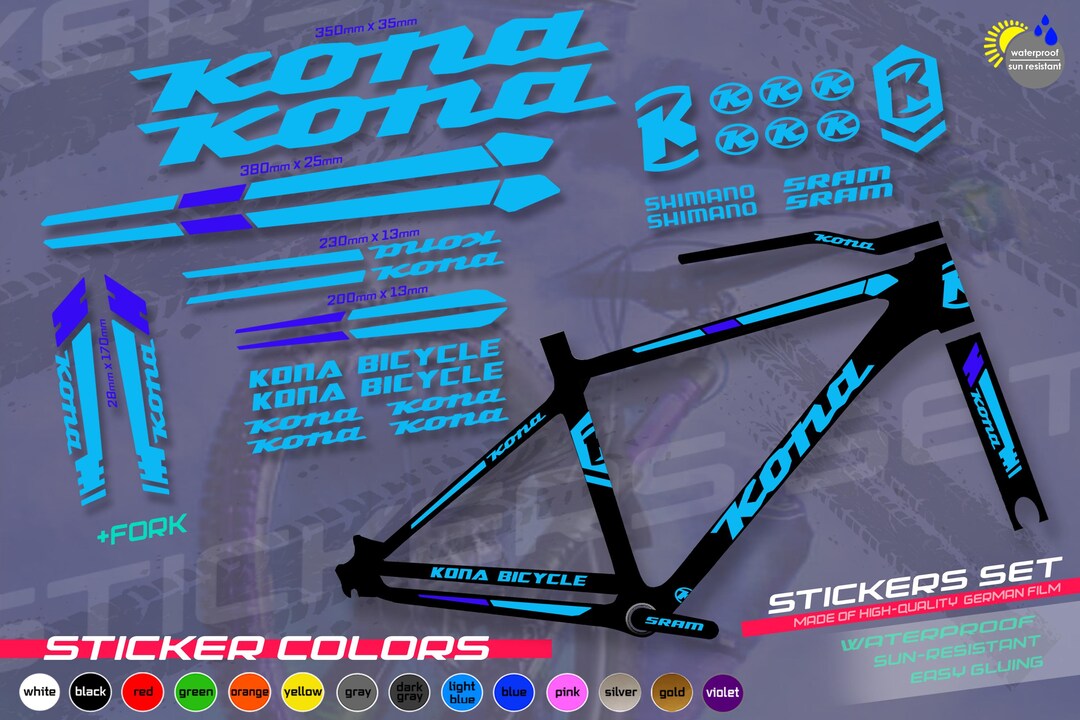 Kona Set of Bicycle Stickers. ALL COLORS, High Quality. Washable, Sun ...