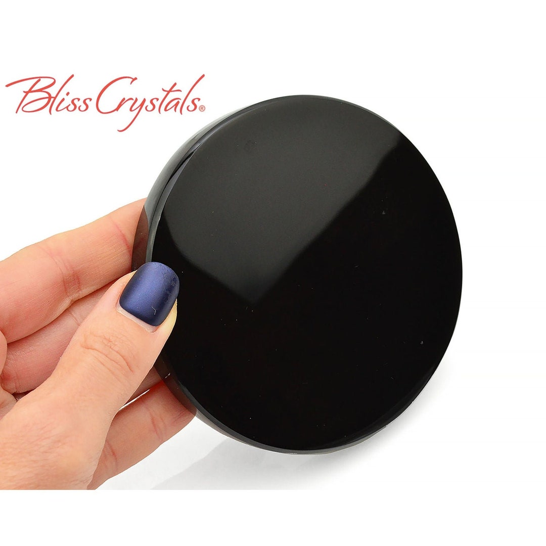 BLACK OBSIDIAN 3 Scrying Mirror Stand Round Plate Polished Altar Stone ...