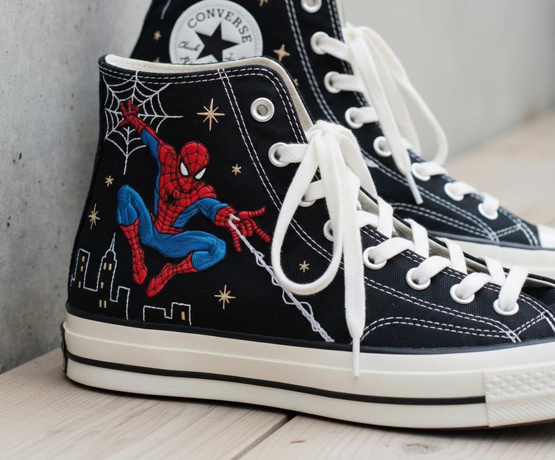 Spider Man Custom Embroidered Converse High Tops, Hand Painted Spider ...