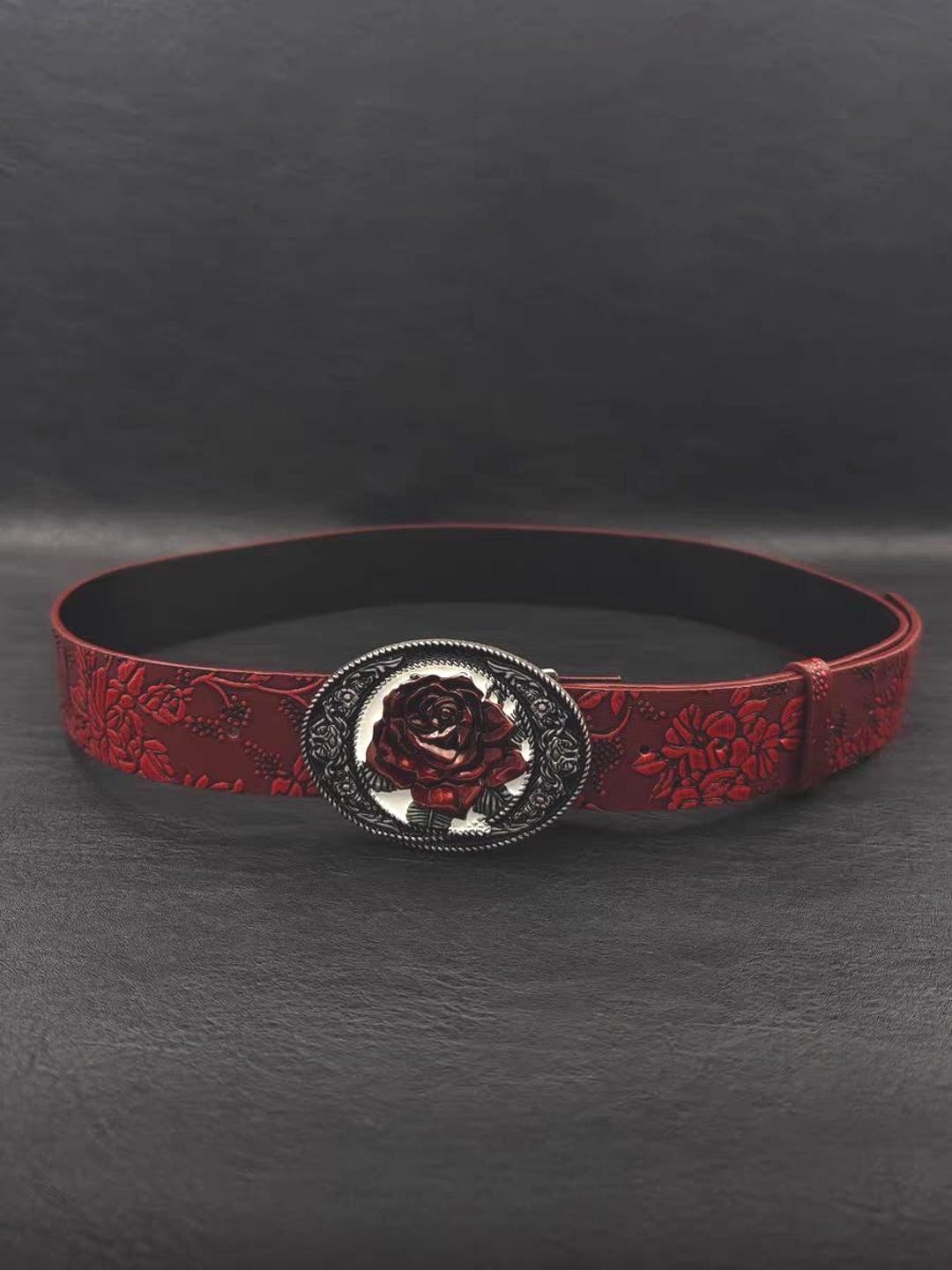 Vintage Red Rose Buckle Belt, Floral Embossed Vintage PU Waist Belt for ...