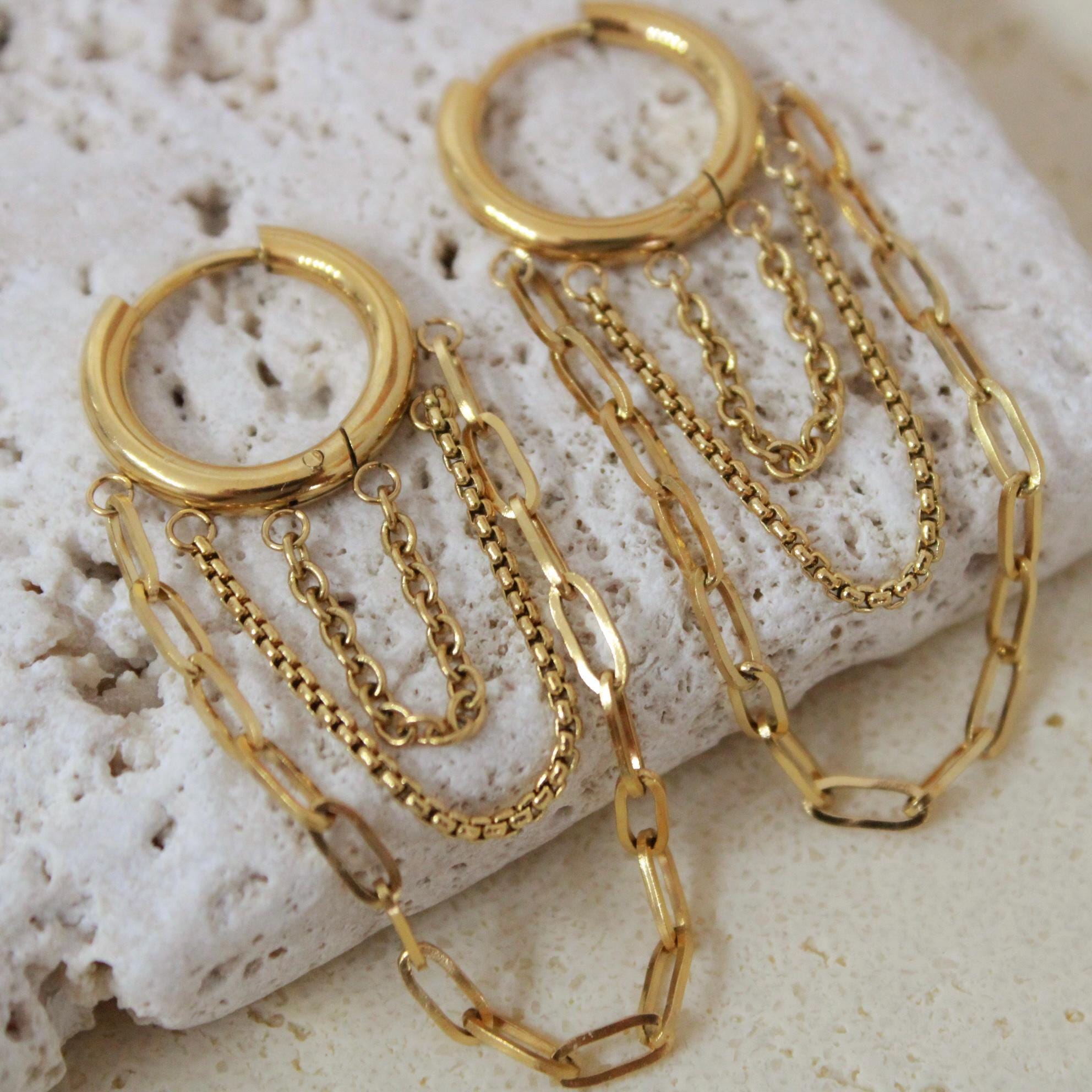Gold Multi Chain Hoop Earrings,layered Chain Huggies,dainty Paperclip ...