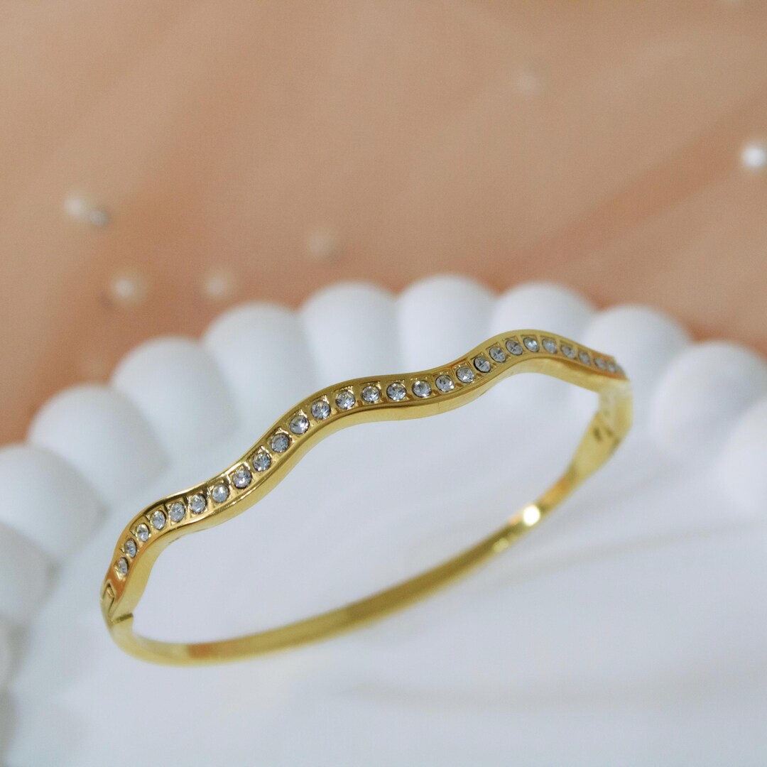 Wave Crystal Bangle, 18K Gold Plated Bracelet, Anti Tarnish Waterproof ...