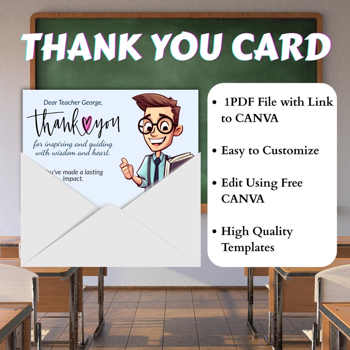Editable Teacher Thank You Card, Canva Template, Appreciation Day ...