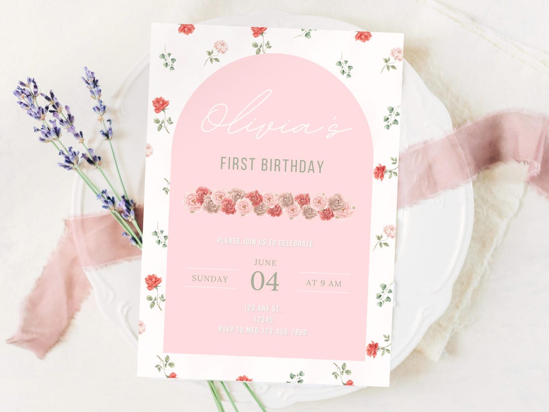 Spring Floral First Birthday Invitation, Pink Arch Party Invite ...