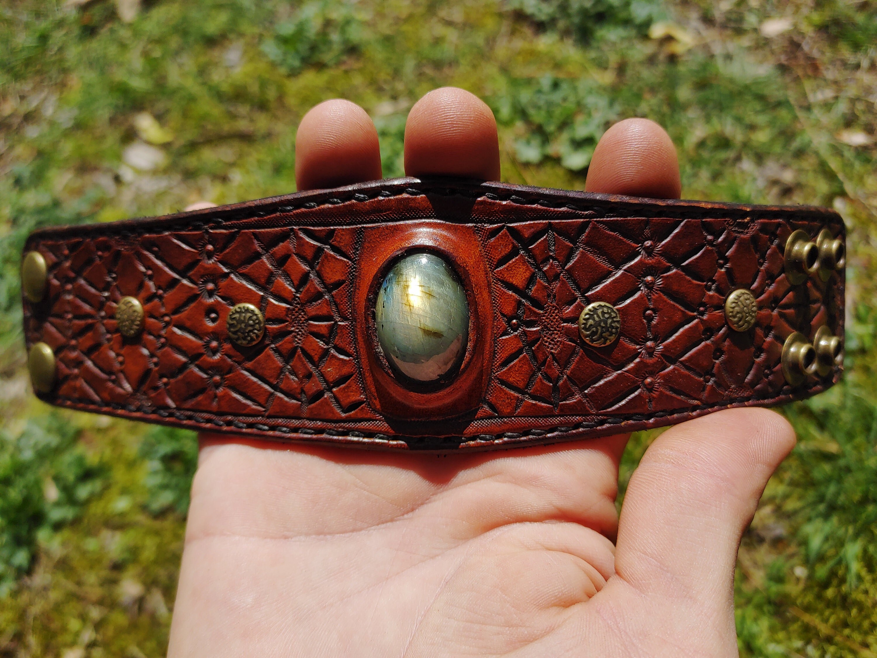 Golden Shimmer Labradorite and Leather Viking Medieval Cuff Bracelet - Etsy