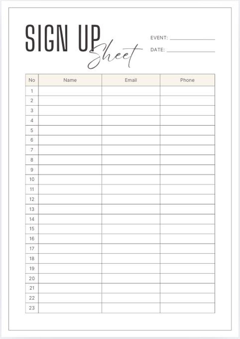 Sign up Sheet Template - Etsy