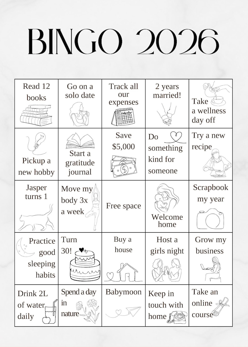 2026 Bingo Card | New Year Goals Bingo | Minimalist Resolution Tracker ...