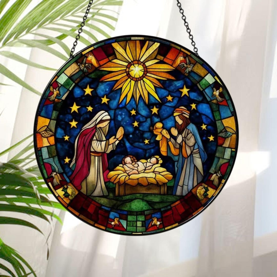 Holy Family Stain Glass Suncatcher, Nativity Scene Window Hanging ...