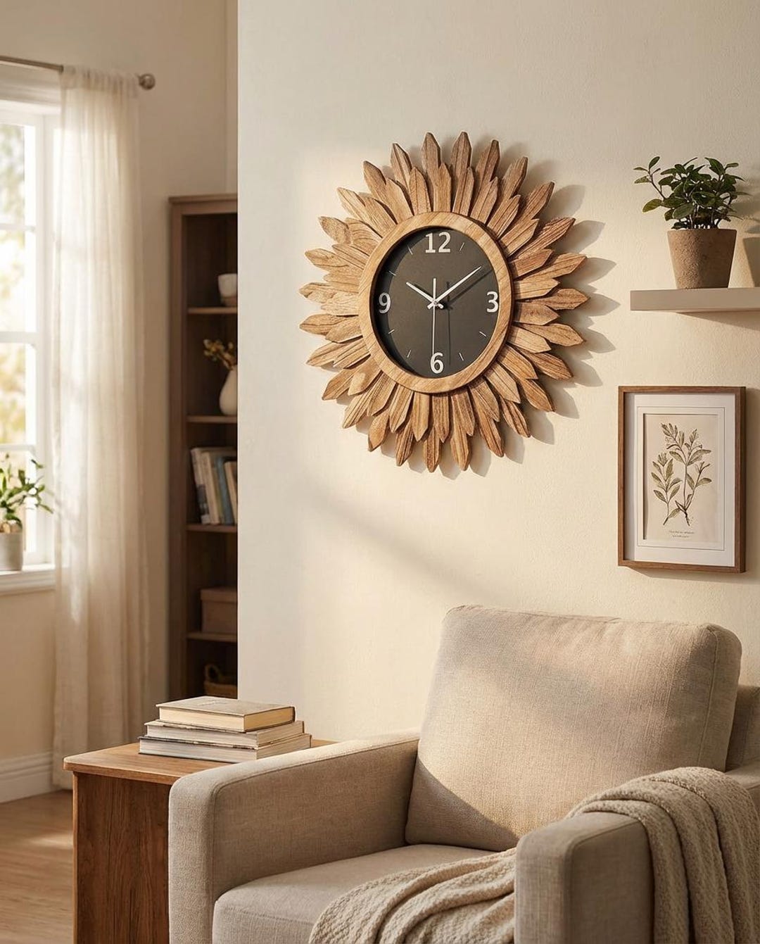 Handcrafted Solid Wood Sunburst Wall Clock， Silent Rustic Boho Decor ...