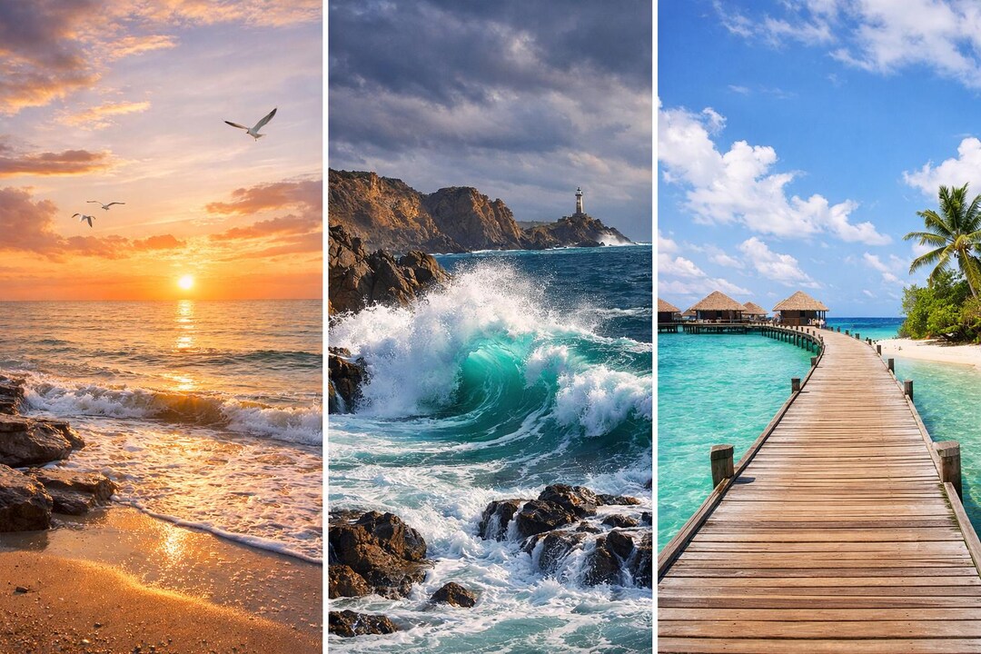 Coastal Serenity – Set 3 Imagini Cu Mare, Răsărit, Valuri și Plajă ...