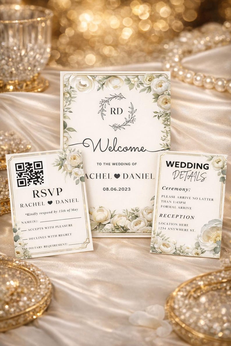 Green Floral Wedding Invitation Suite, Elegant Floral Design, QR Code RSVP (instant Download) - Etsy