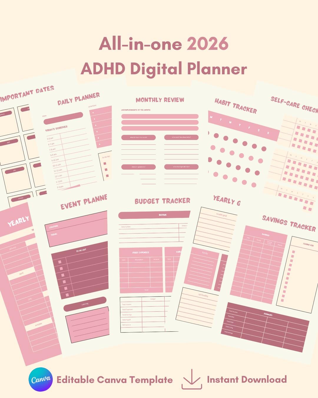 ADHD Planner 2026, All-in-one Pink Canva Template (digital Download A4 ...