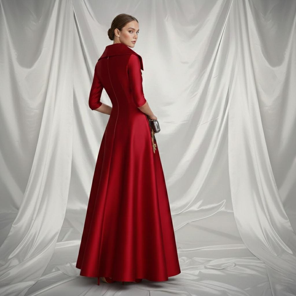 Red Satin Embroidered Formal Gown: Collared V-neck Bodice, Elegant A ...