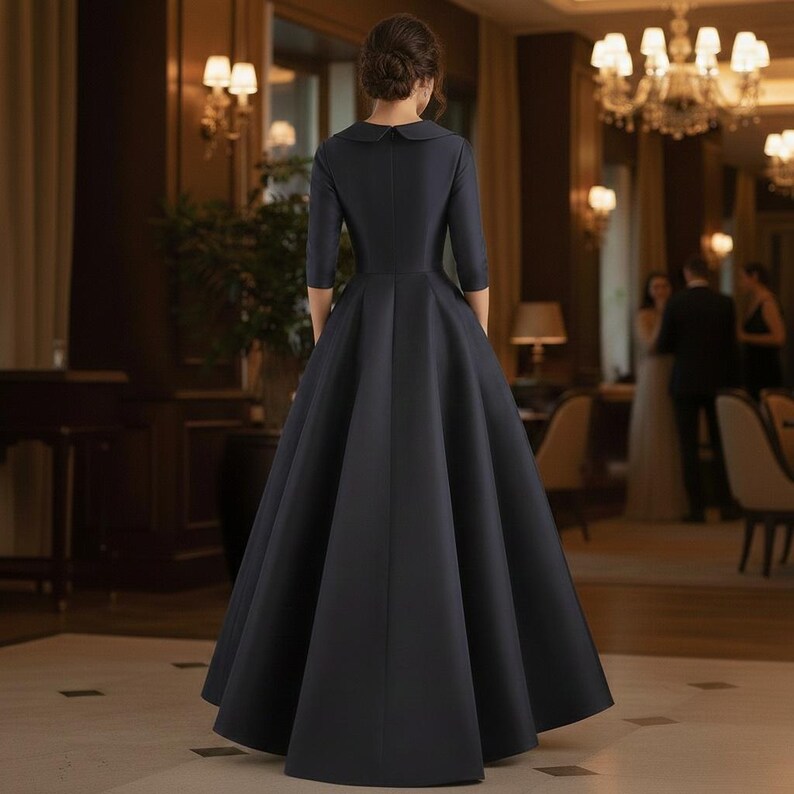 Black Satin Embroidered Formal Gown: Collared V-neck Bodice, Elegant A ...