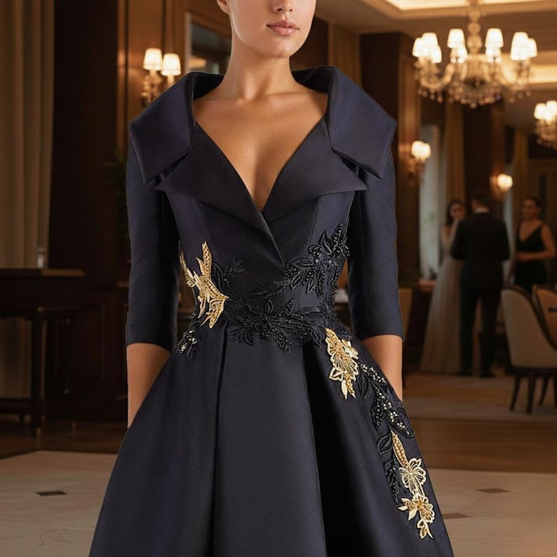 Black Satin Embroidered Formal Gown: Collared V-neck Bodice, Elegant A ...