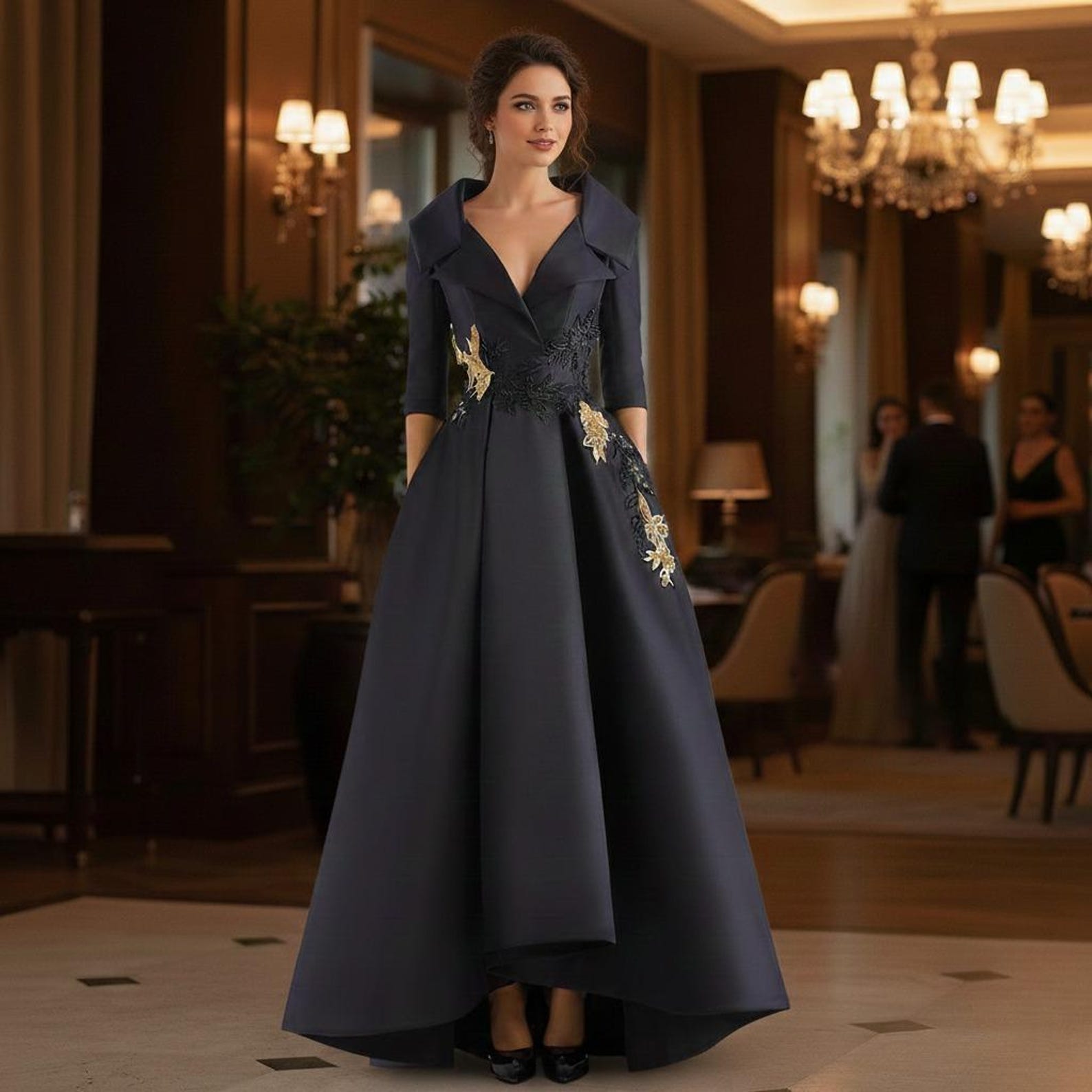 Black Satin Embroidered Formal Gown: Collared V-neck Bodice, Elegant A ...