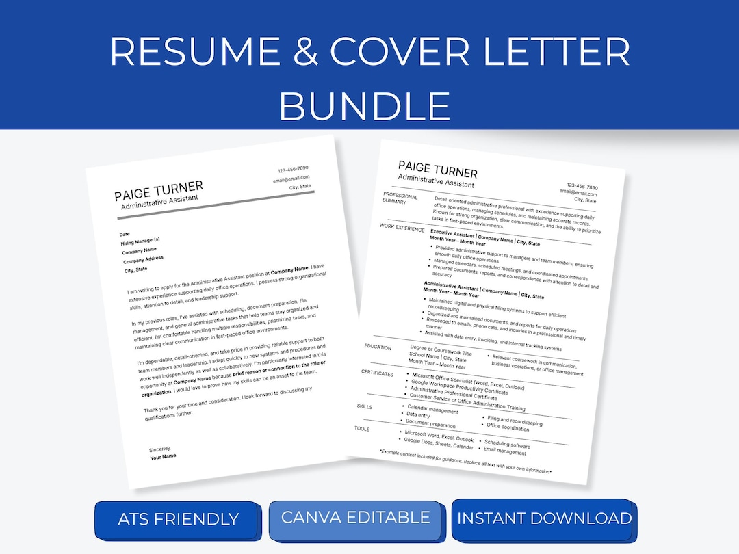 Resume + Cover Letter Bundle | Ats-friendly | Canva Editable | Instant ...