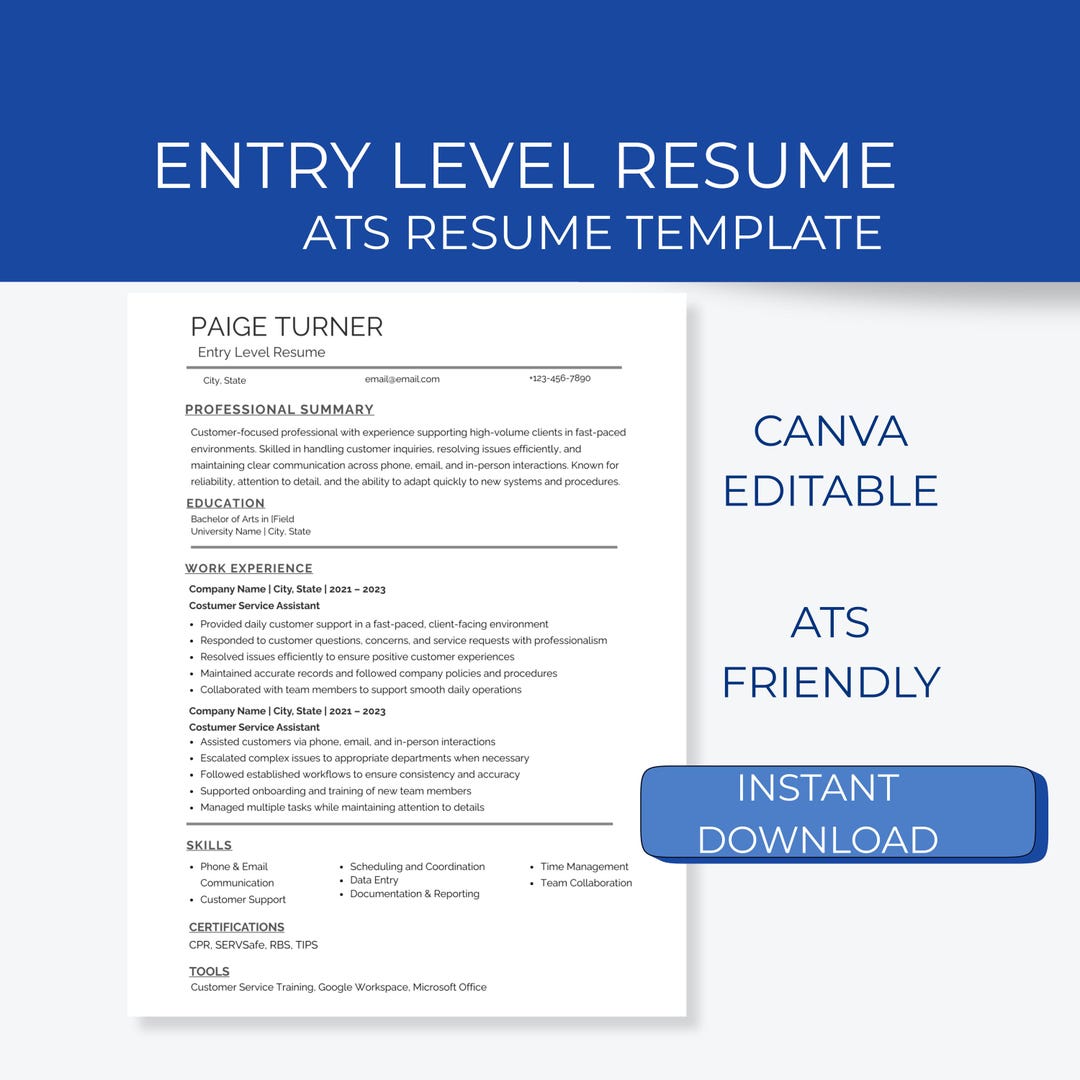 ATS Resume Template | Entry Level Resume | Canva Editable | Instant ...