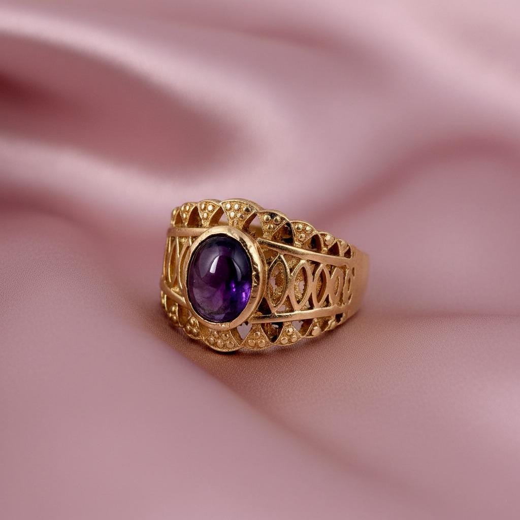 Vintage Filigree Gold Band With Round Cabochon Amethyst, New Year Gift ...