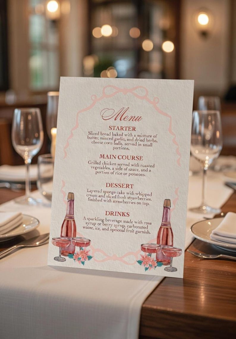 Menu Card Template | Custom Dinner Menu for Birthday or Bridal Shower ...