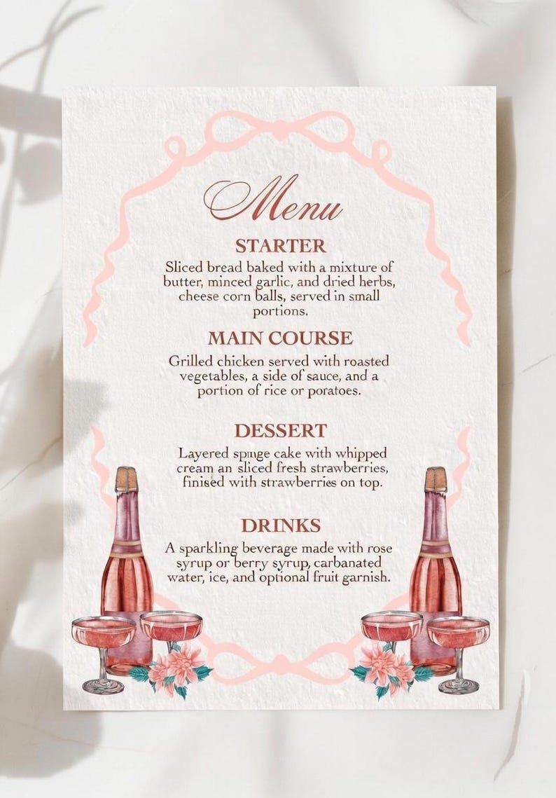 Menu Card Template | Custom Dinner Menu for Birthday or Bridal Shower ...