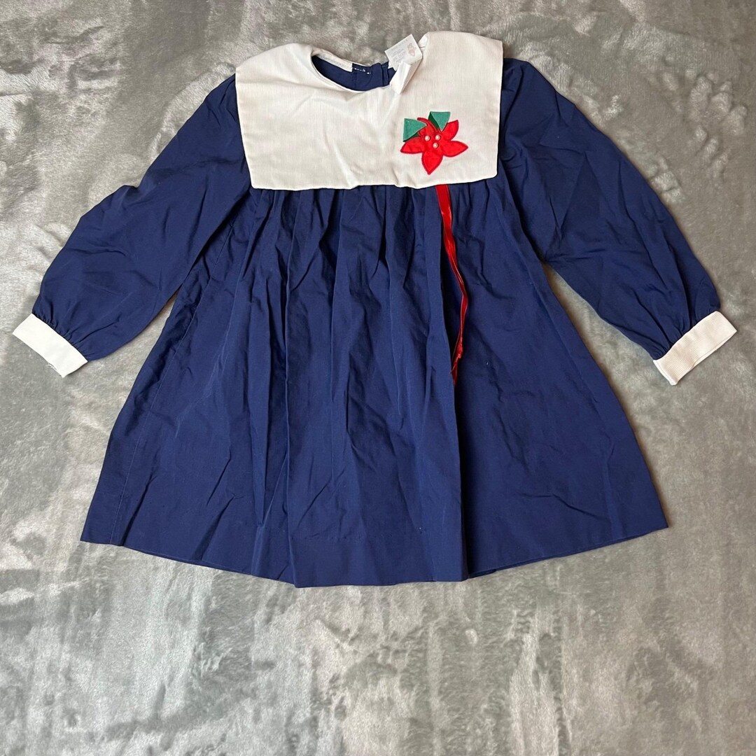 Vintage Winnie the Pooh Disney Girls Navy Blue Poinsettia Dress Size 5 ...