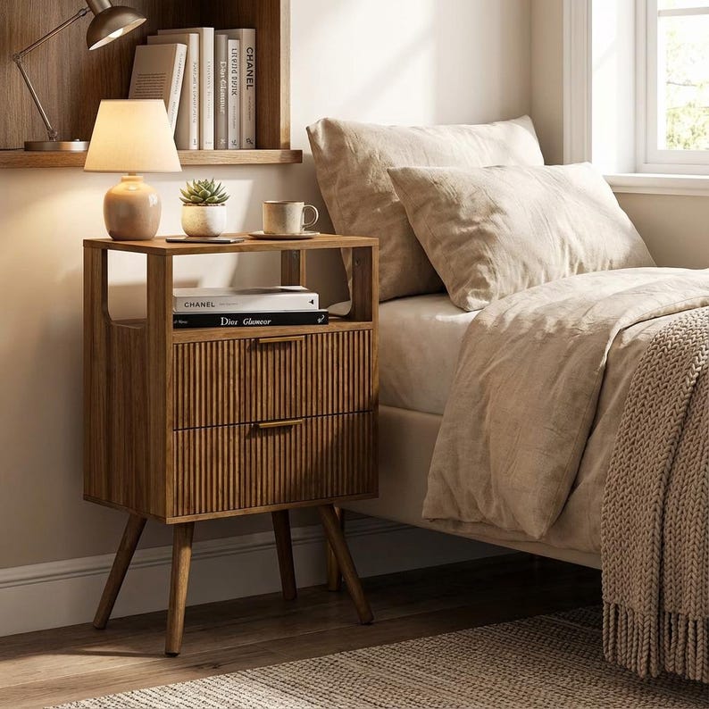 Custom Walnut Finish Nightstand, Vertical Fluted Design, LED Halo ...