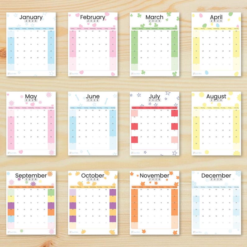 Printable 2026 Monthly Calendar | Seasonal Design | Sunday Start ...