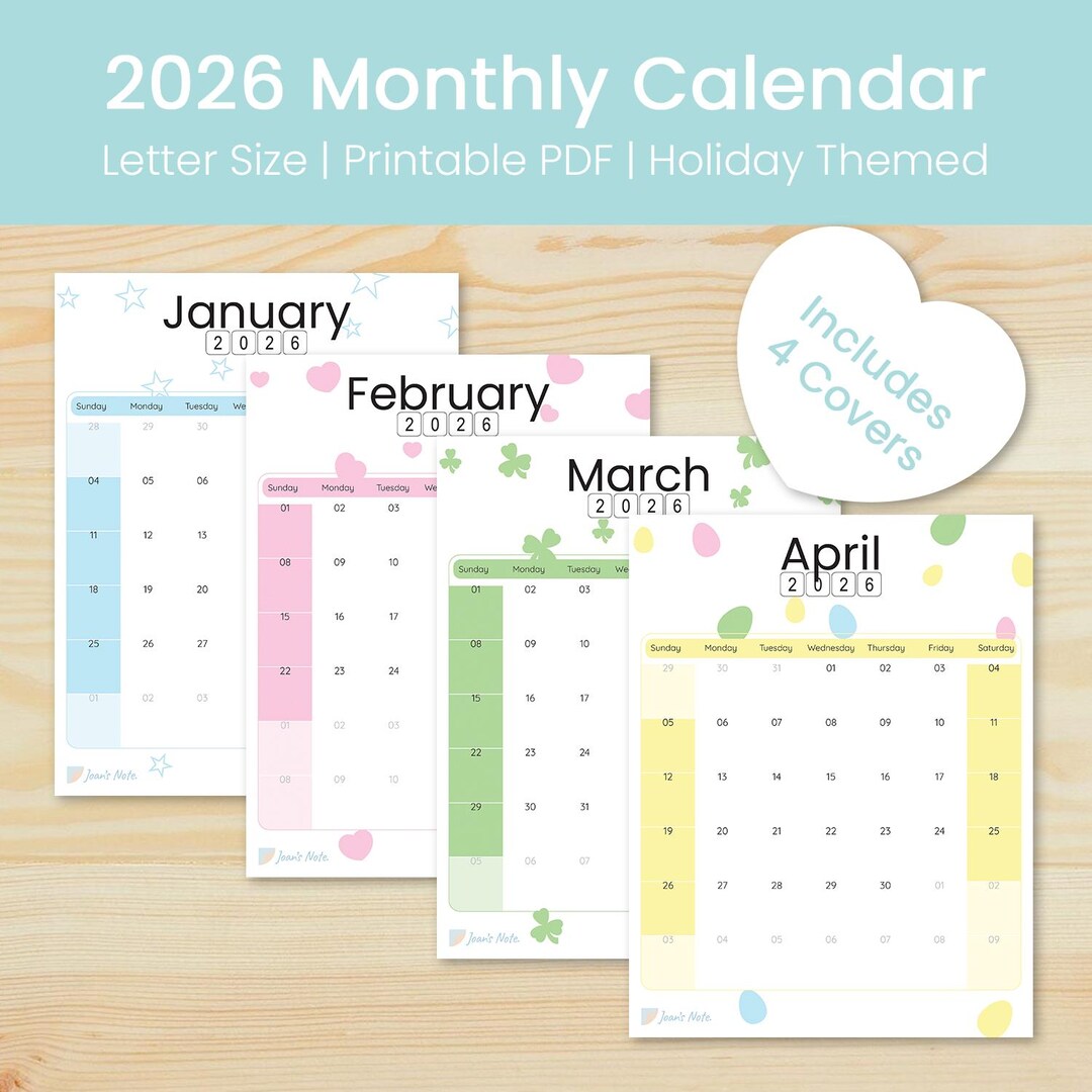 Printable 2026 Monthly Calendar | Seasonal Design | Sunday Start ...