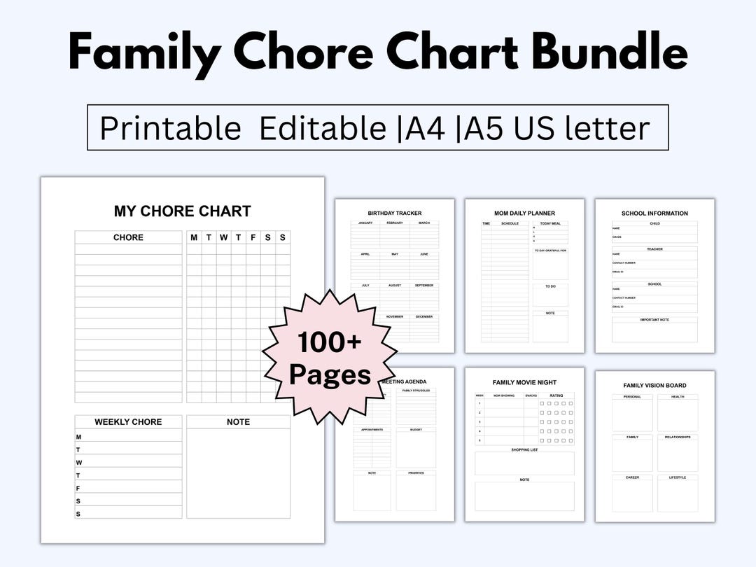 Editable Family Chore Chart Bundle, Household Organizer, Daily Weekly ...