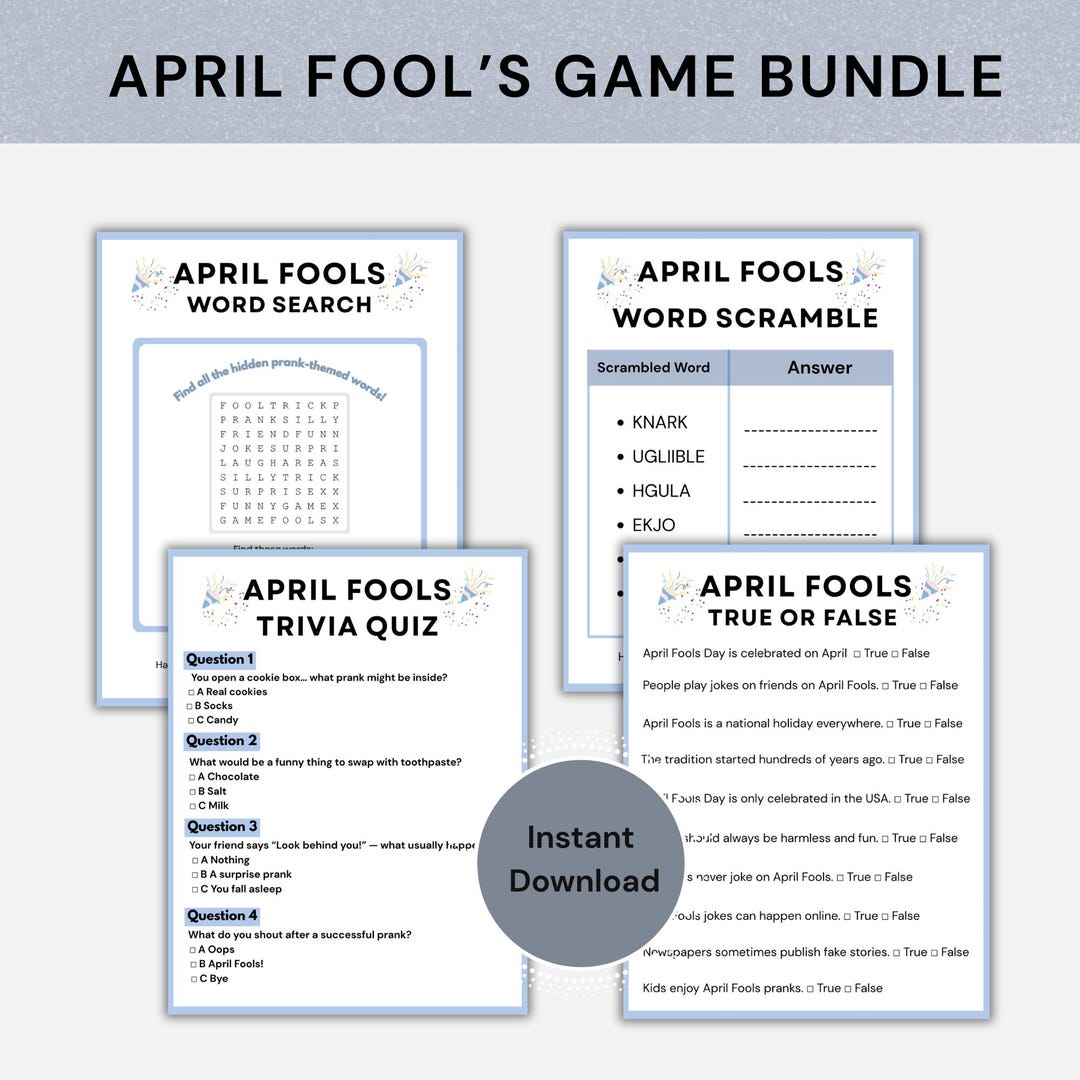 Printable April Fool Game, Word Search Puzzle, Classroom Trivia Quiz ...