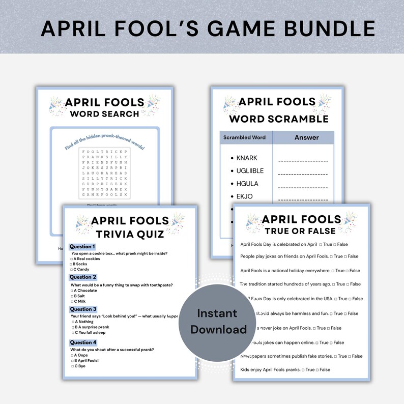 Printable April Fool Game, Word Search Puzzle, Classroom Trivia Quiz ...