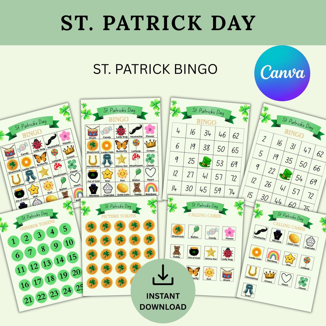 St Patrick’s Day Bingo Bundle, Printable Lucky Shamrock Bingo Cards ...