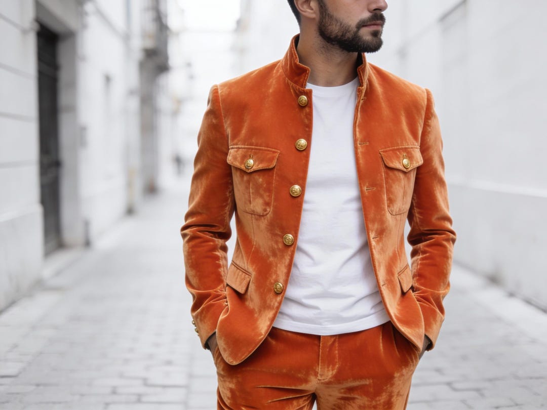 Men’s Rust Orange Velvet Suit Set | Luxury Velvet Jacket & Pants | Gold ...