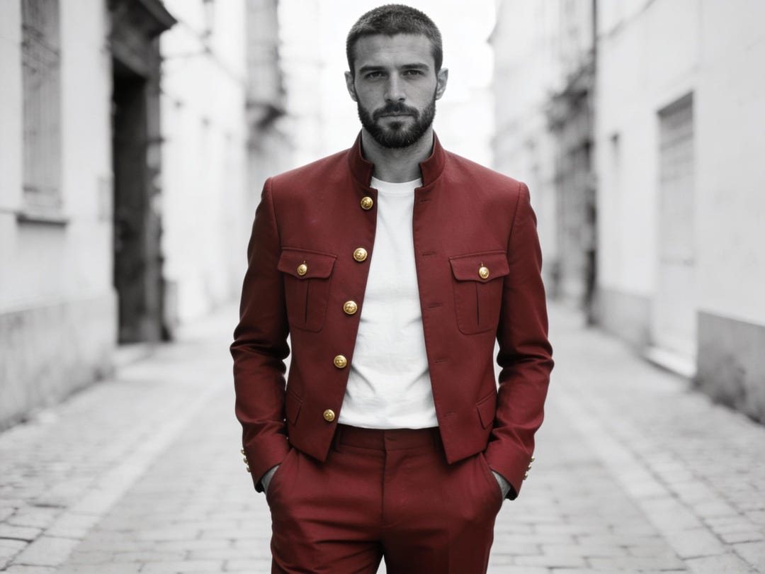 Men’s Maroon Safari Suit | Military Style Jacket & Pants Set | Gold ...