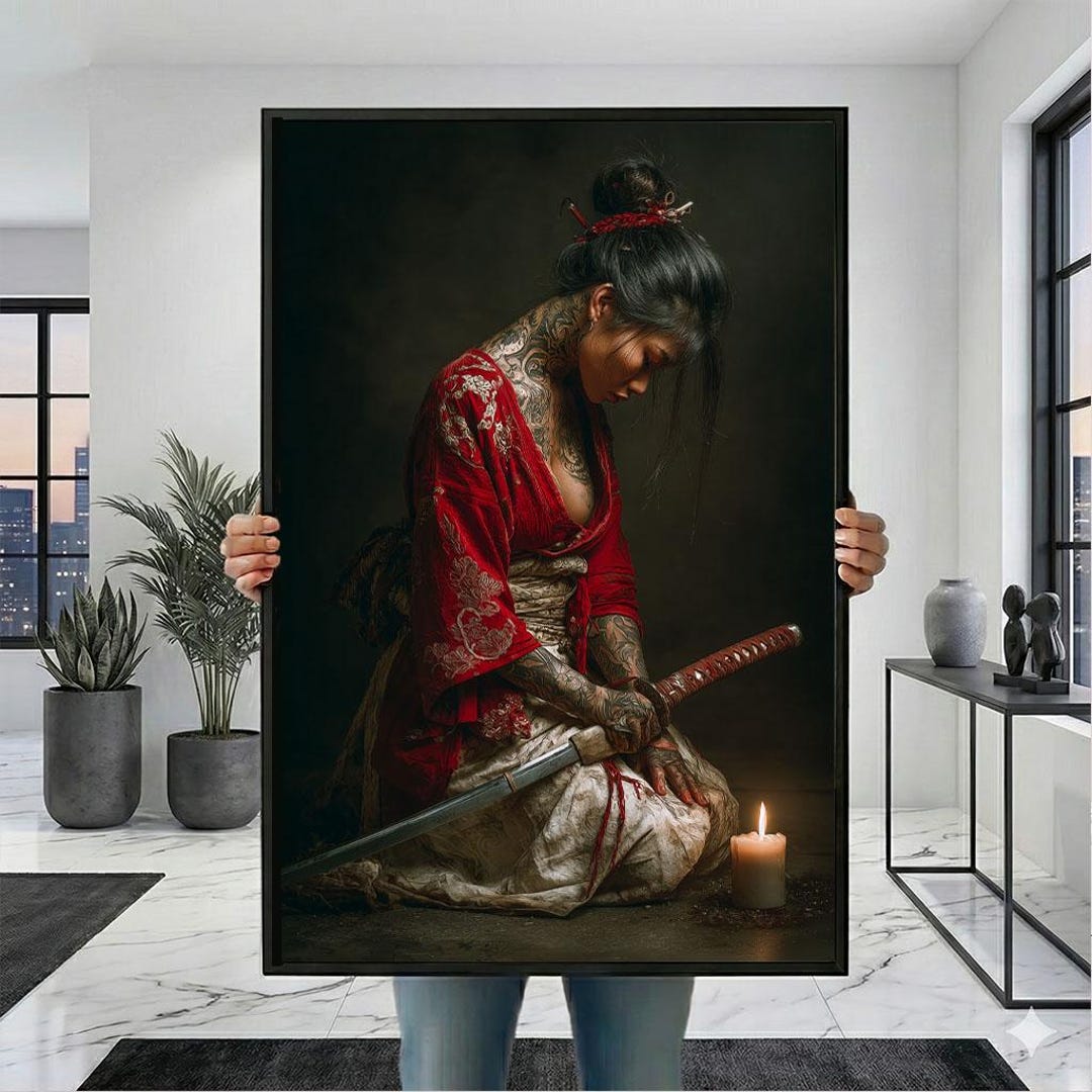 Stoic Samurai Woman in Traditional Kimono Canvas Wall Art Print Red and ...