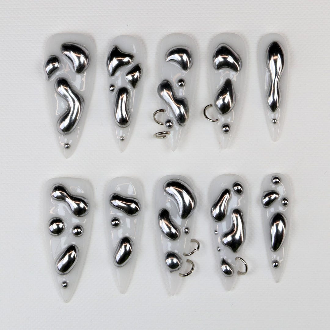 Futuristic Liquid Metal Press on Nails, 3D Metallic Silver Embellished ...