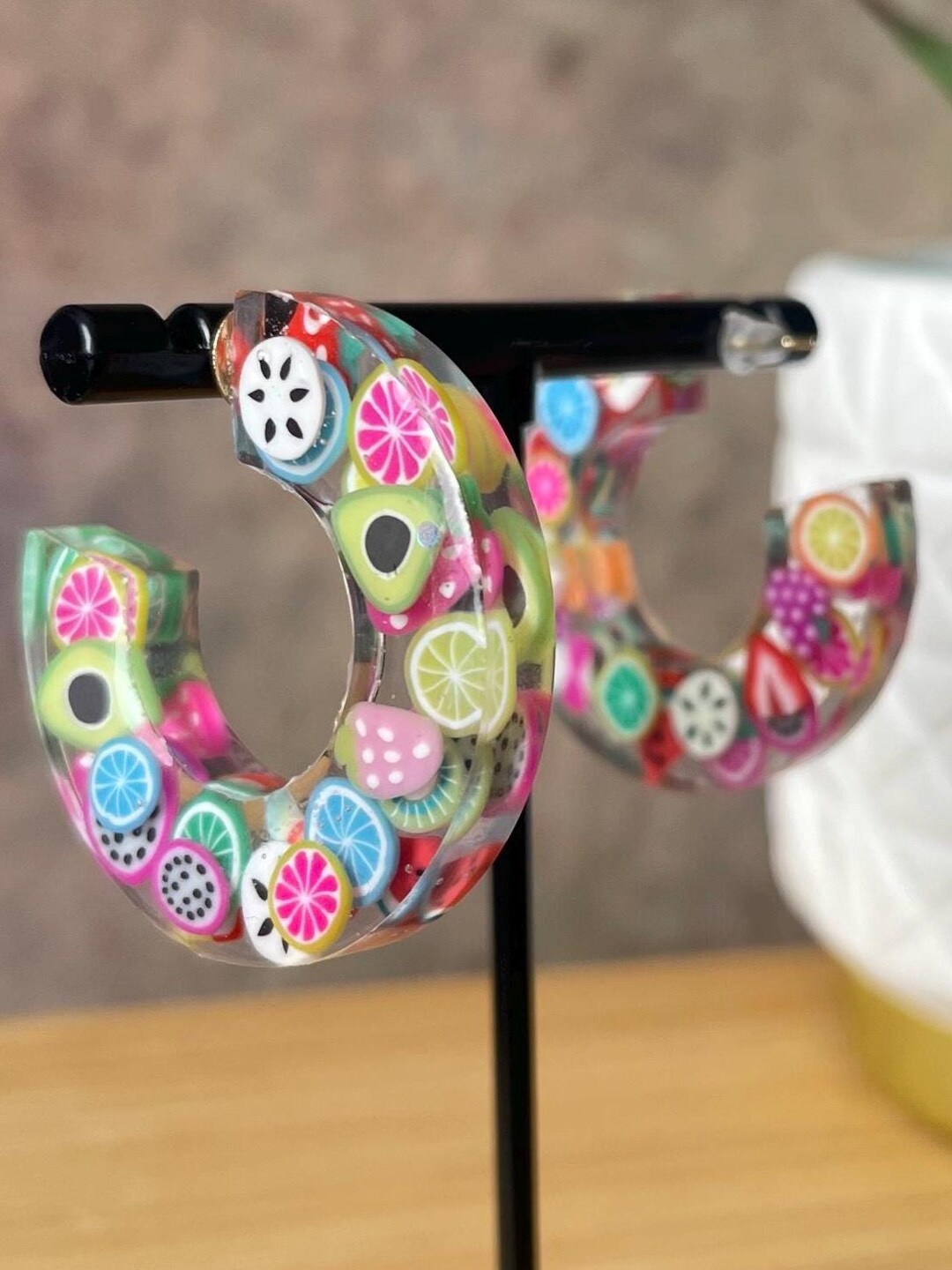 Colorful Fruits Clear Resin Hoop Earrings - Etsy