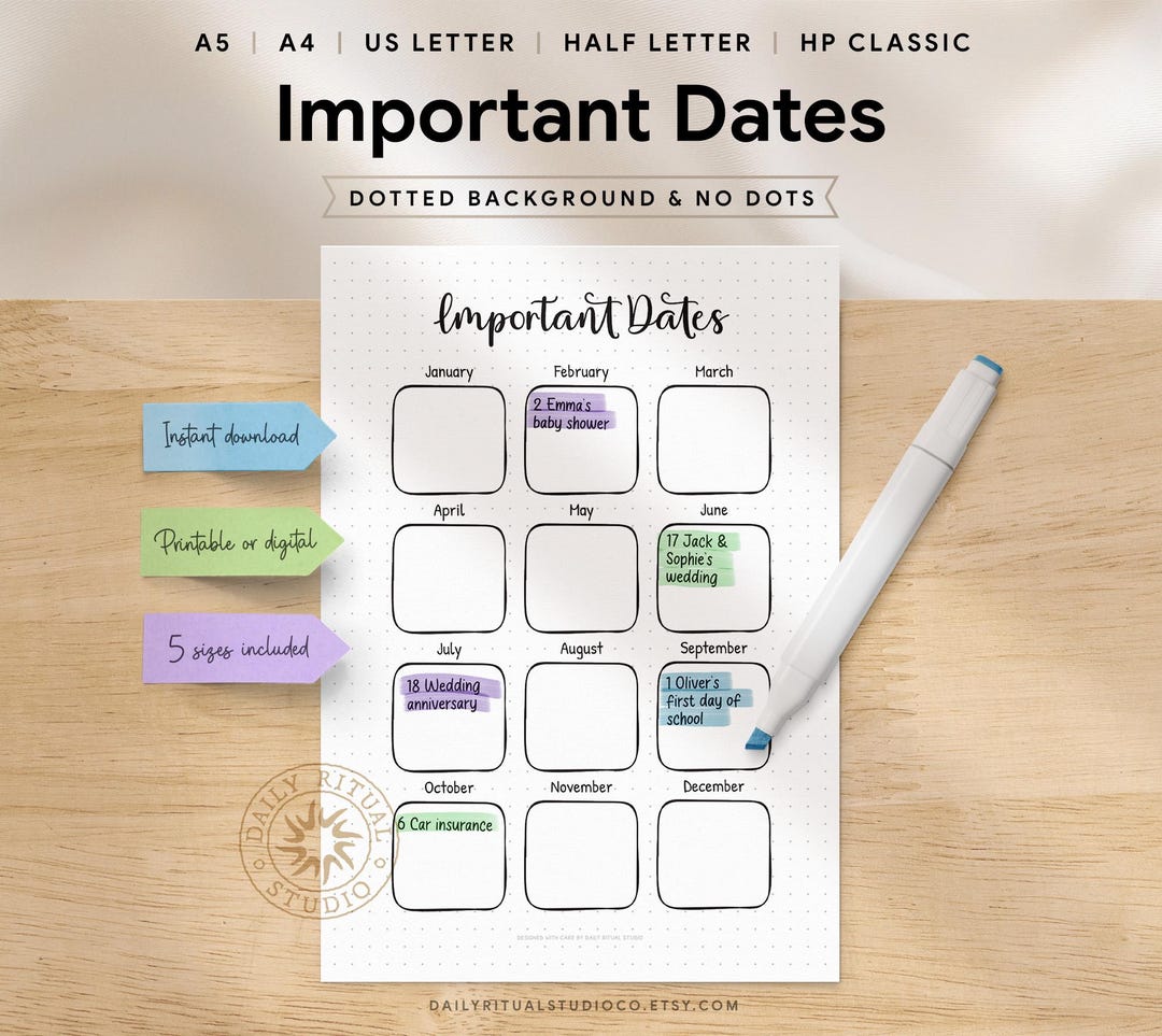 Important Dates Yearly Planner Page – Undated Life Events & Milestones ...