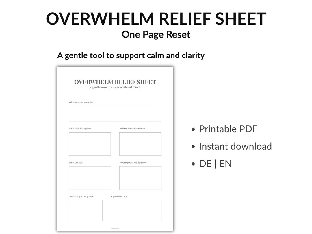 Overwhelm Relief Sheet | Printable Anxiety Tool | Mental Reset Sheet ...