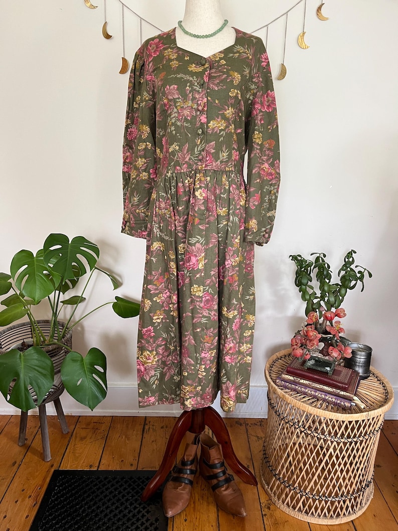 Vintage Laura Ashley Floral Midi Dress | 80s Cottagecore Wool Blend - Etsy
